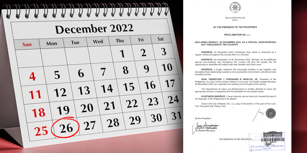 SPECIAL NON-WORKING HOLIDAY SA DECEMBER 26 IDINEKLARA NI PBBM ...