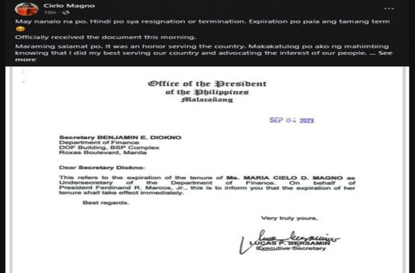 DOF Usec. Cielo Magno, natanggap na ang official termination mula sa Malacañang!