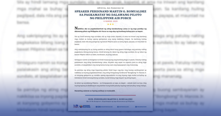 HS Romualdez, nakiisa sa pagdadalamhati sa pagpanaw ng 2 piloto na nasawi sa pagbagsak ng FA-50 ...